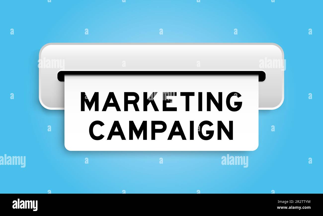 White coupon banner with word marketing campaign from machine on blue ...