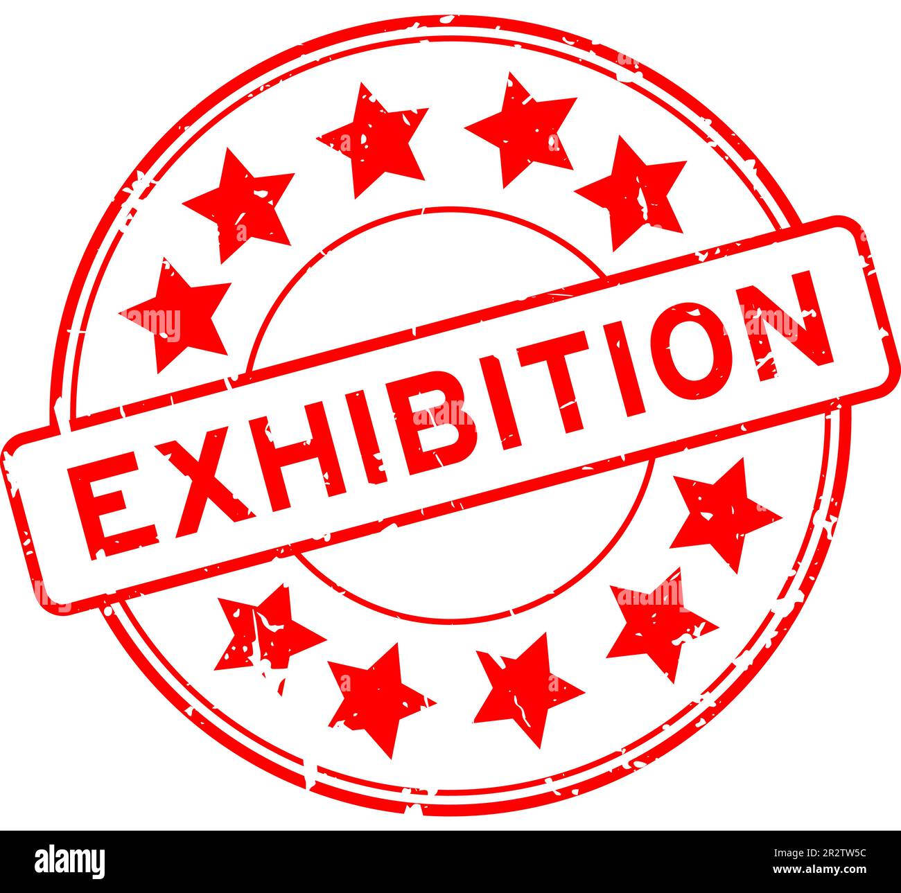 Grunge red exhibition word with star icon round rubber seal stamp on ...