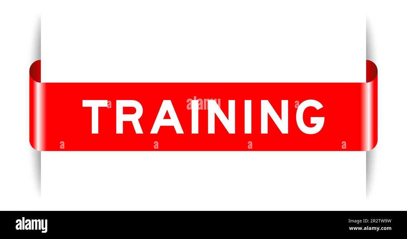 Red color inserted label banner with word training on white background ...