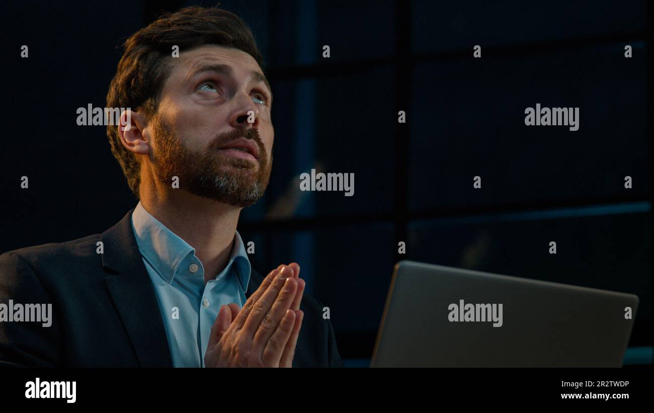 Hopeful dreaming Caucasian middle aged businessman adult man sit with ...