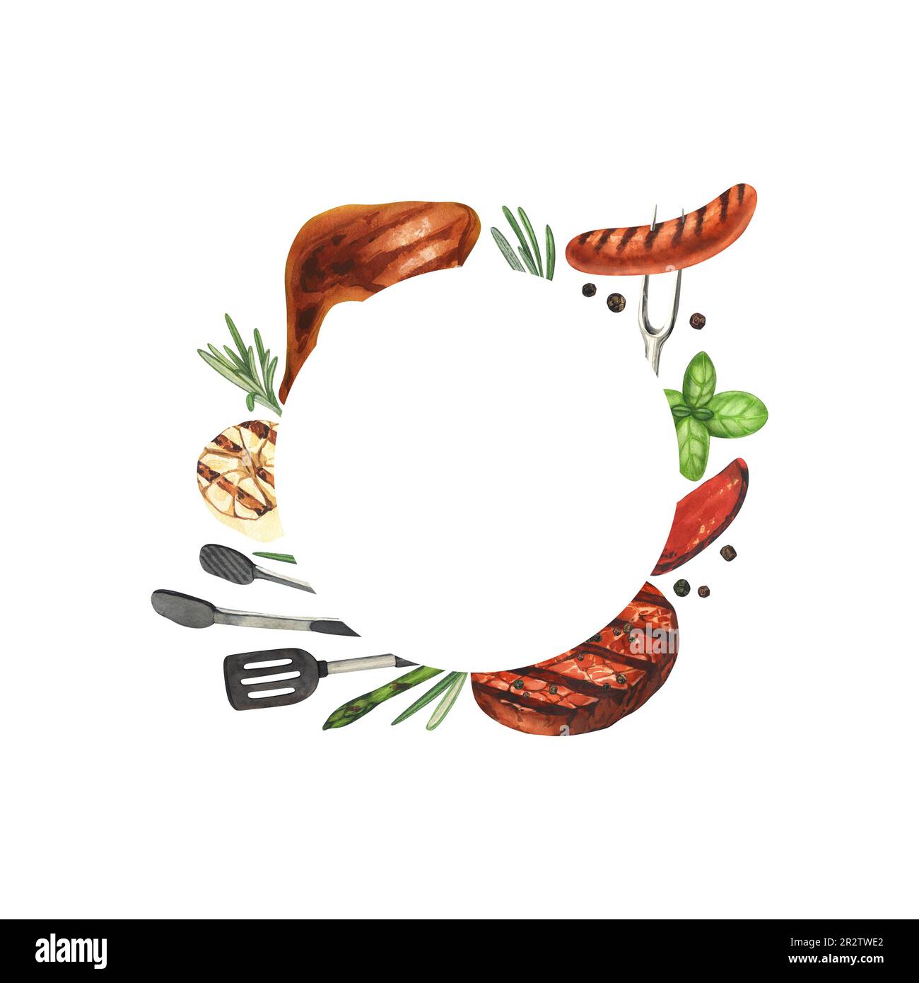 Watercolor round frame barbecue. Elements for cooking bbq - grill ...