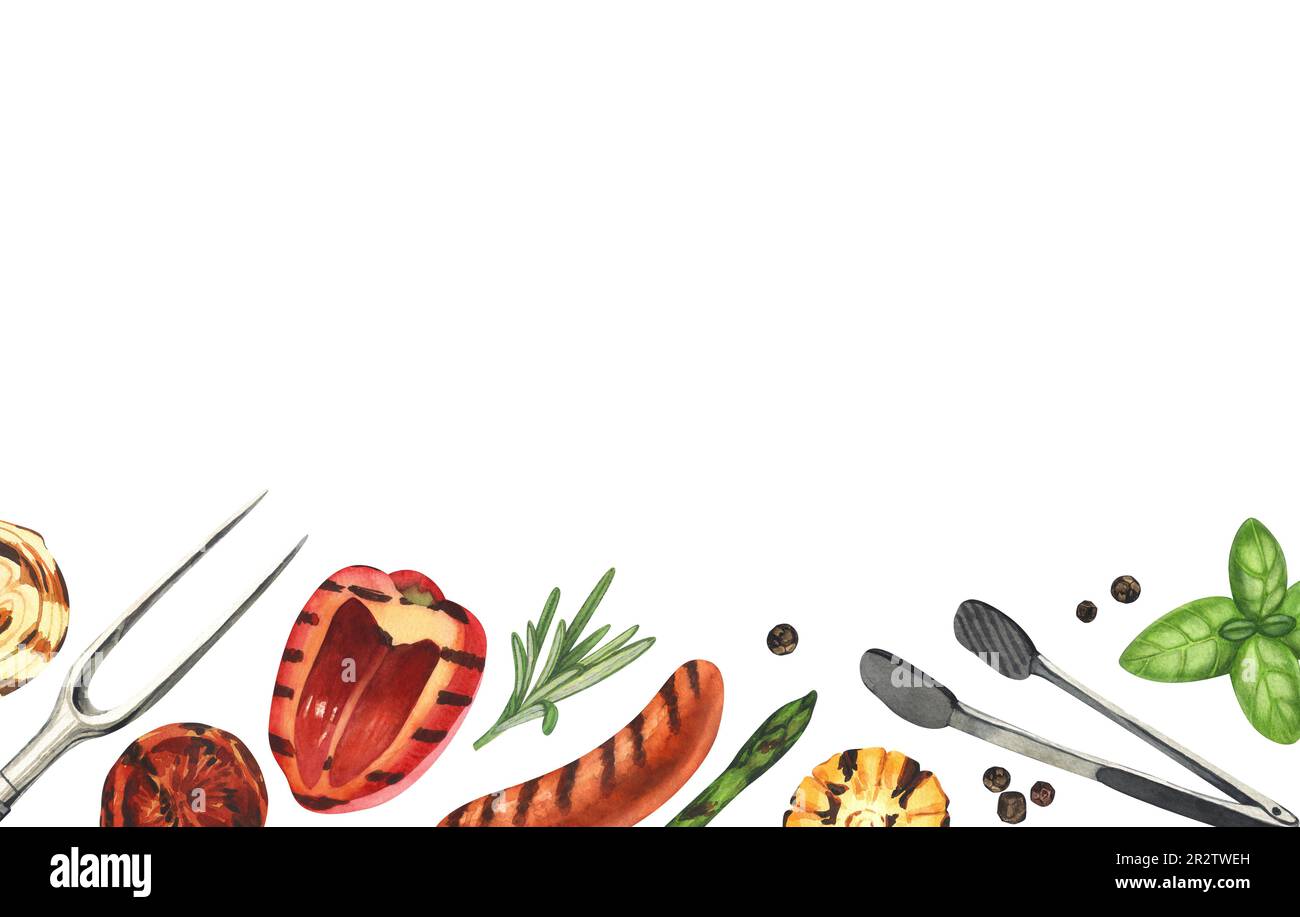 Watercolor frame barbecue. Elements for cooking bbq - grill, chicken ...