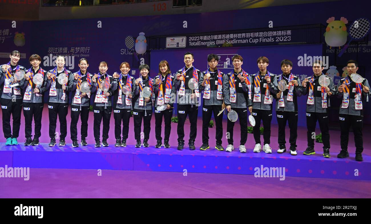 Suzhou, China's Jiangsu Province. 21st May, 2023. Team Japan pose with medals during the ...