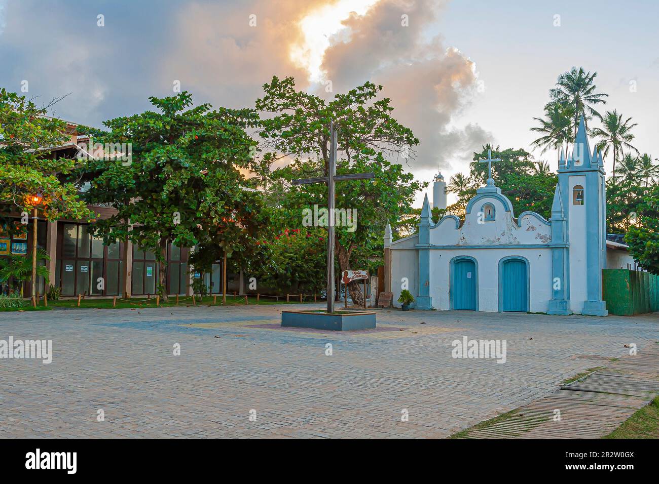 View of the historic church of Praia do Forte in Brazil at dusk with ...
