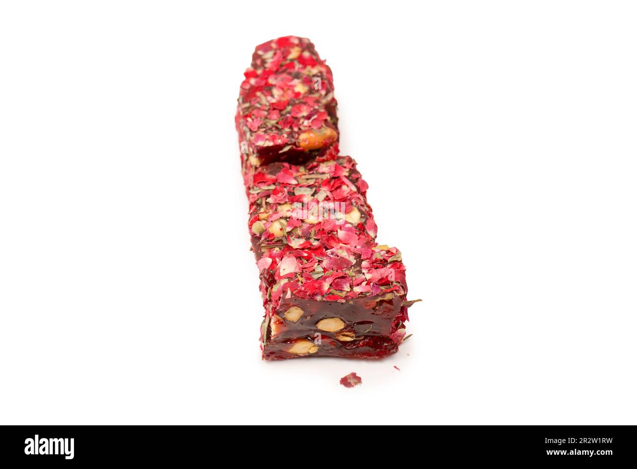 Sweet roll with roses and nuts, turkish sweets. Turkish rahat isolated ...