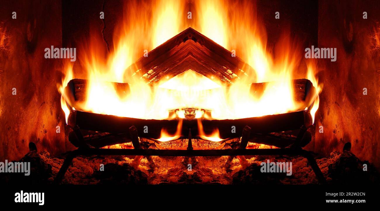 Closeup of roaring log fire in fireplace Stock Photo - Alamy