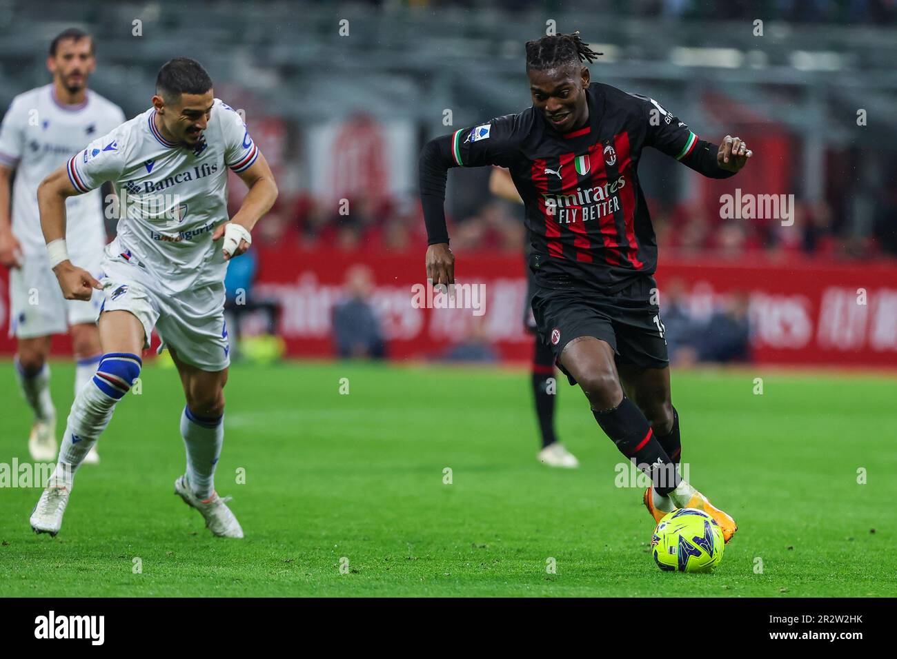 Milan, Italy. 20th May, 2023. Rafael Leao of AC Milan (R) and Koray ...