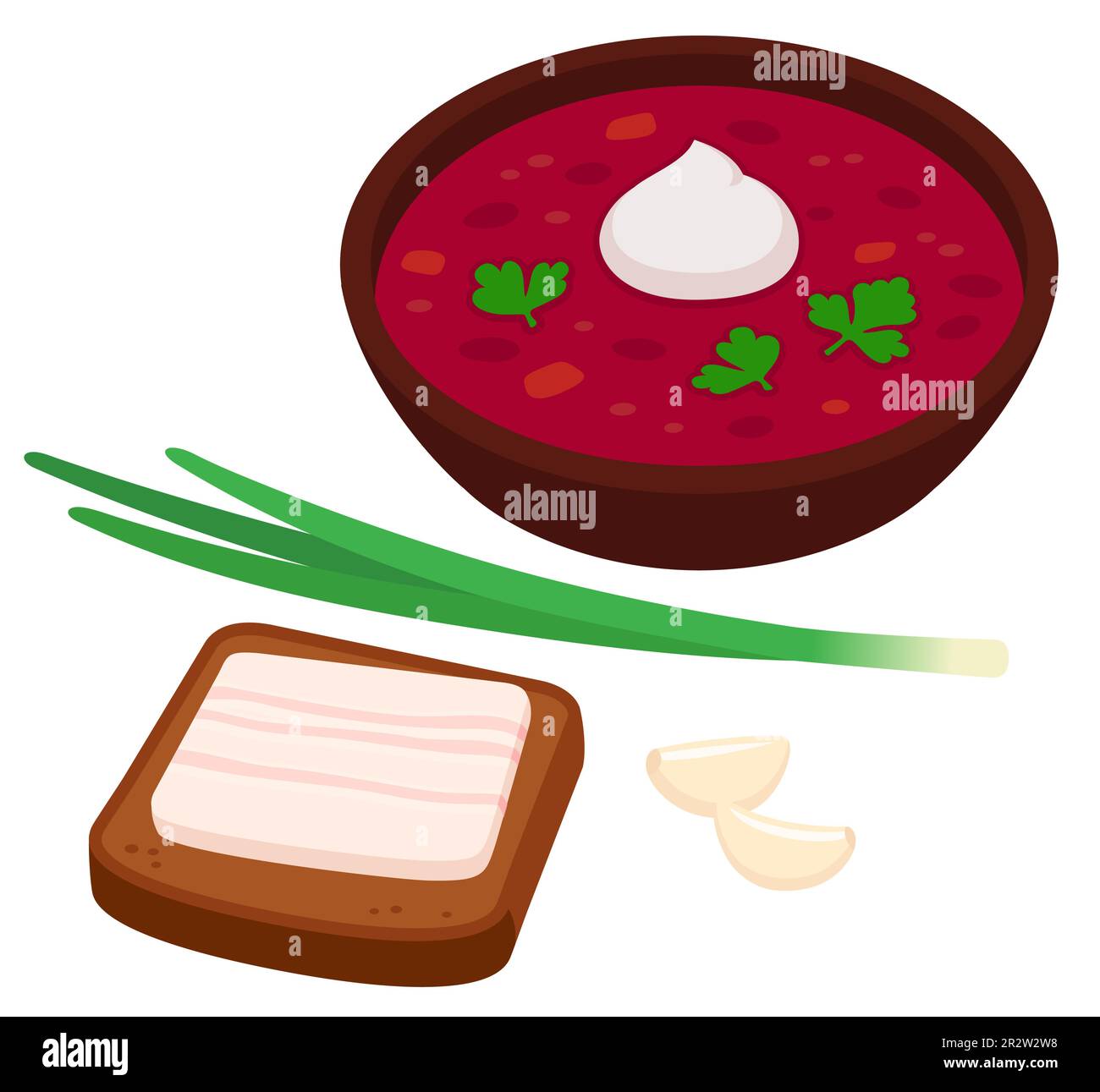 Borscht Traditional Ukrainian Beet Soup With Slice Of Rye Bread And Salo Cured Pork Fat