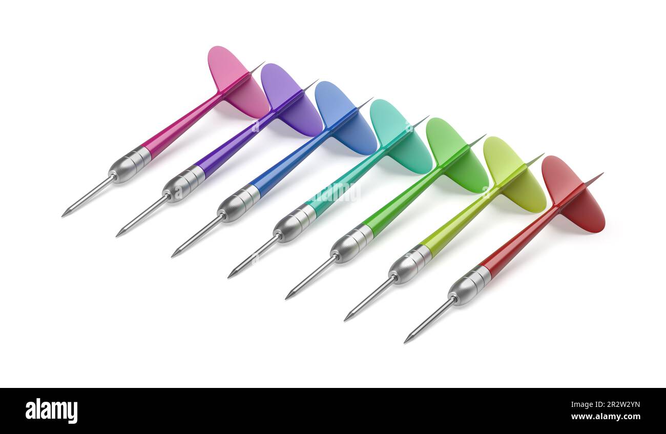 Row with different colored darts on white background Stock Photo - Alamy