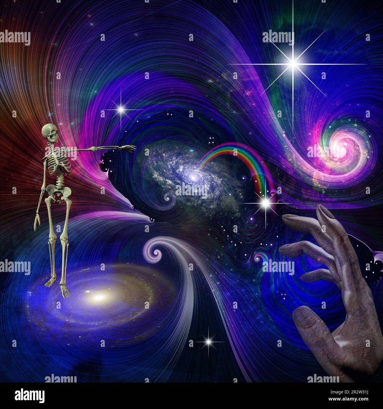 Skeletal Figures in Cosmos. Ending of existence Stock Photo - Alamy