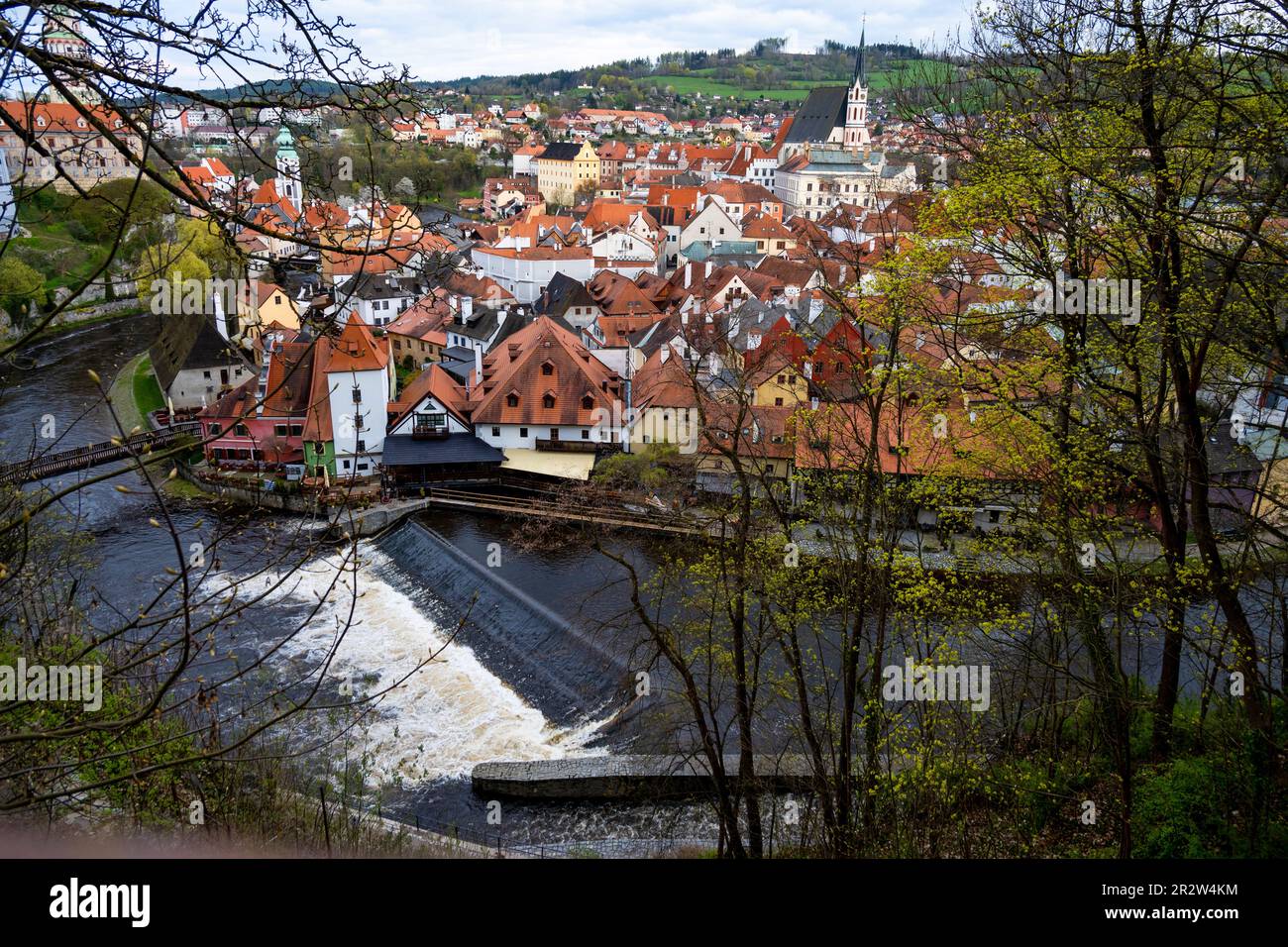 River Vltava with weir and panorama of ancient city Cesky Krumlov ...