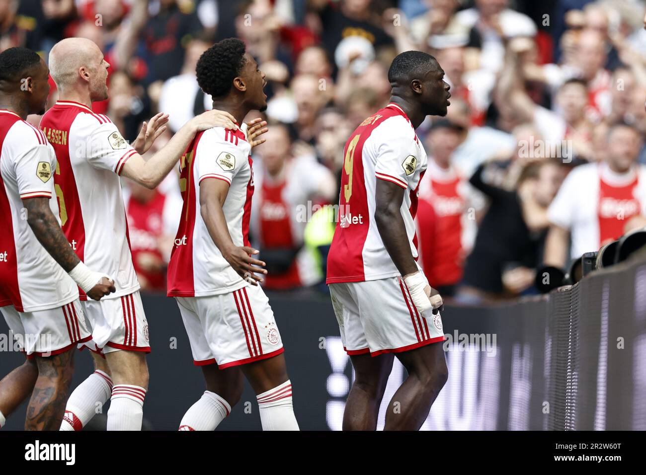 AMSTERDAM - (lr) Davy Klaassen of Ajax, Jorrel Hato of Ajax, Brian Brobbey of Ajax celebrate the ...