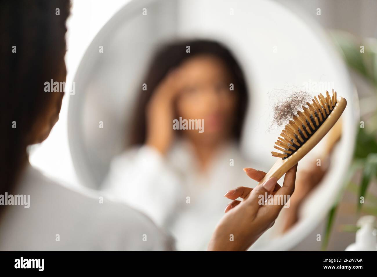Hairloss. Upset Black Woman Holding Comb Full Of Fallen Hair After ...