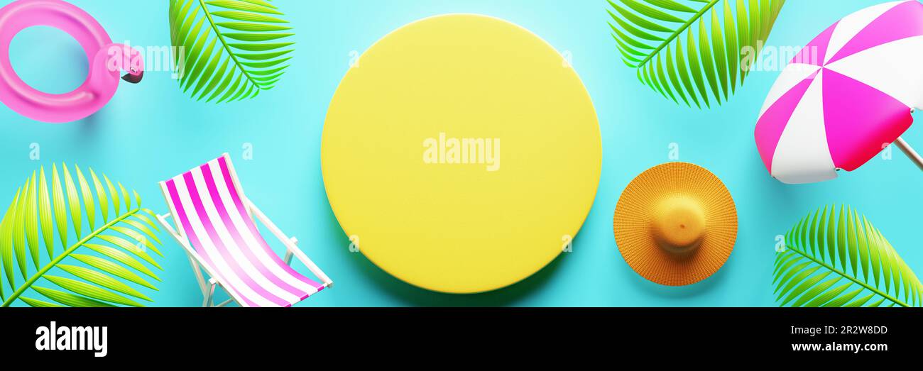 Summer holidays. Empty yellow circle for text and beach elements. 3d ...