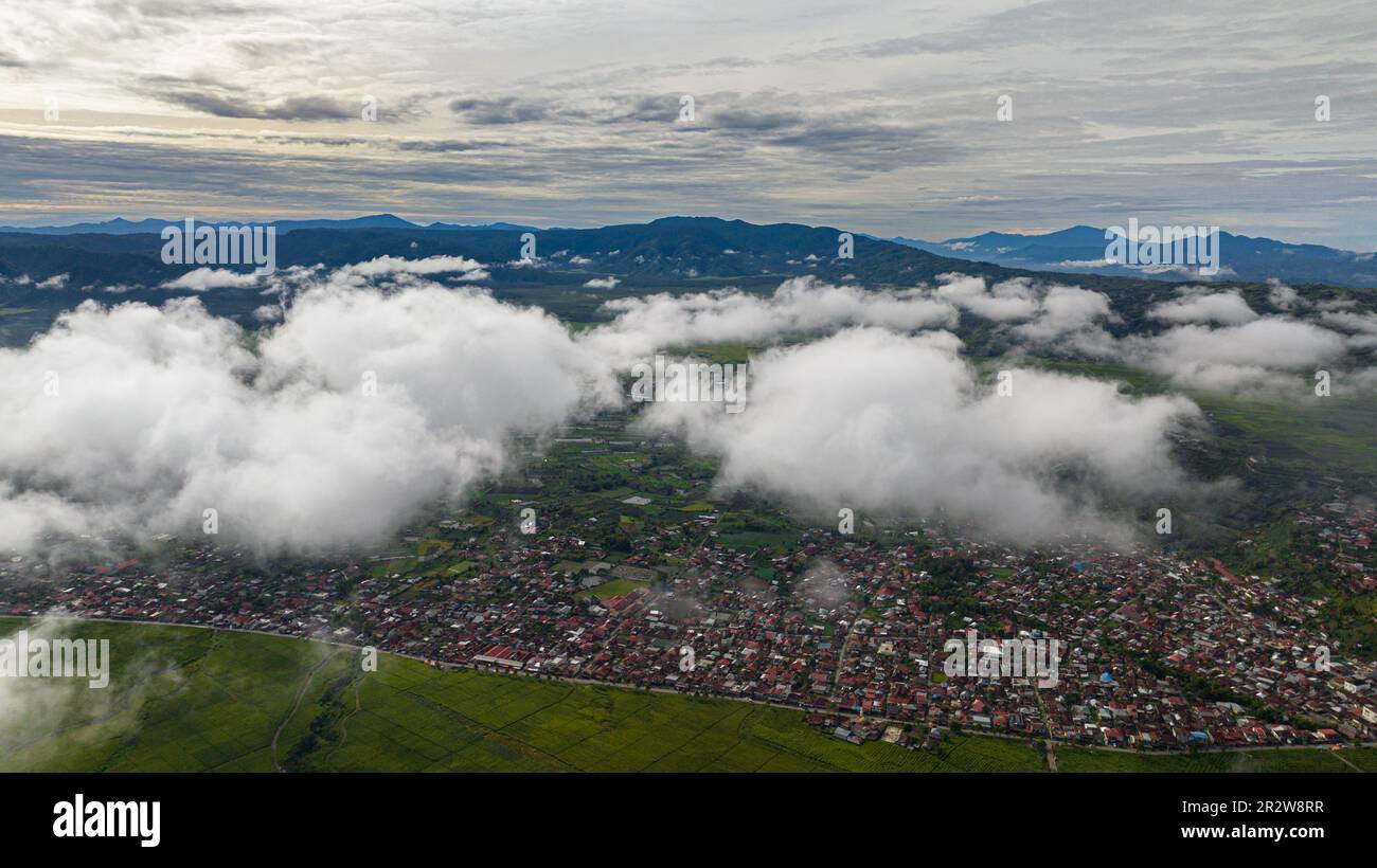 Aerial view of valley with tea plantations and farmland with clouds ...