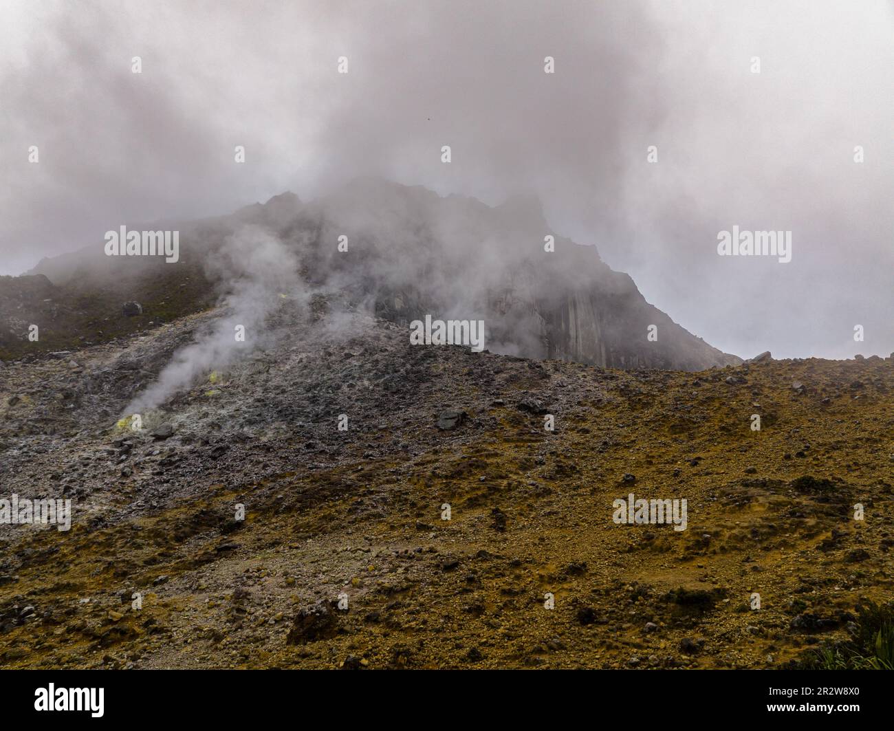 Active volcano Sibayak with smoke and fumaroles. Sumatra, Indonesia ...