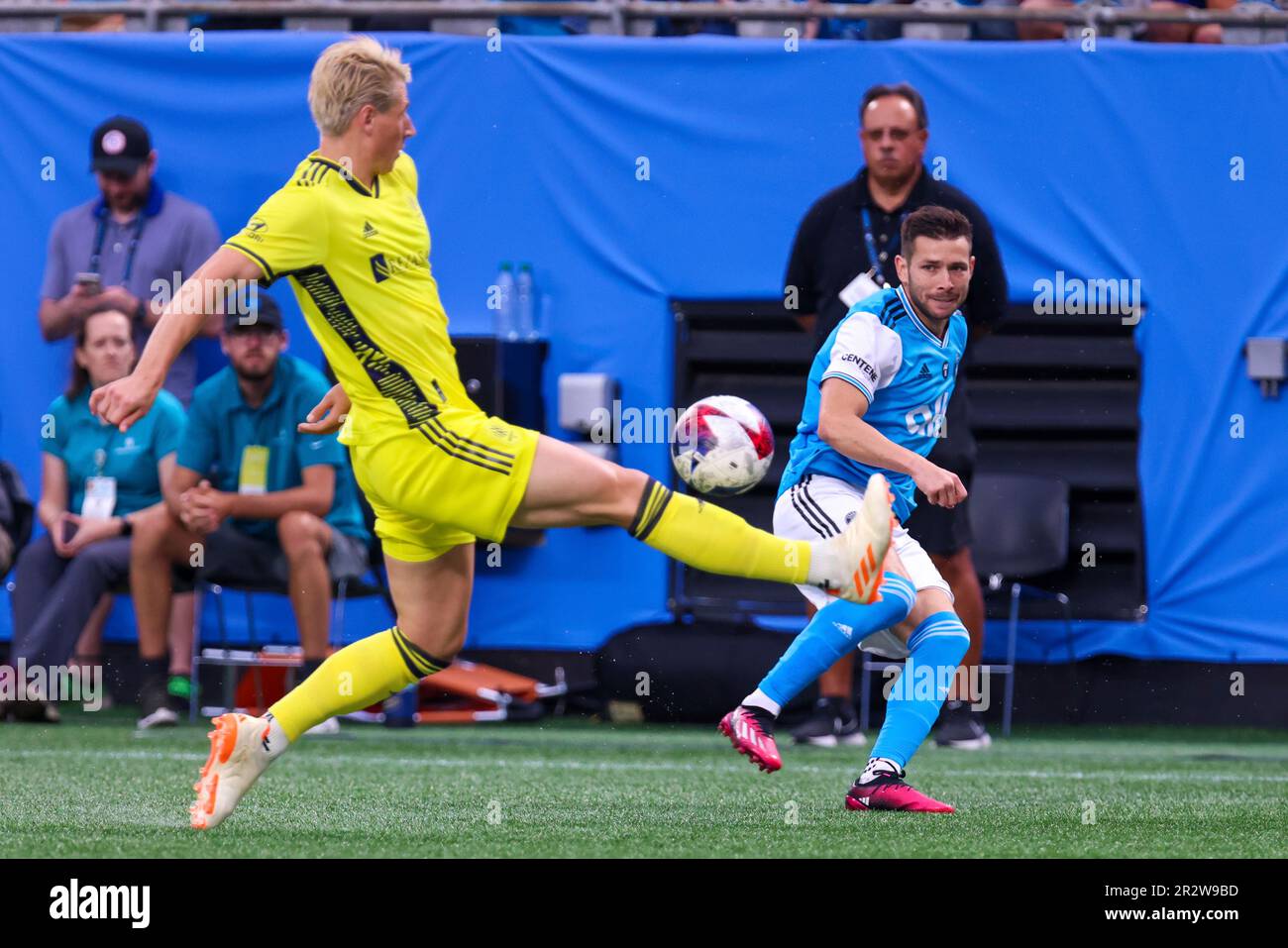 CHARLOTTE, NC - MAY 20: Lukas MacNaughton #3 of Nashville SC defends a ...