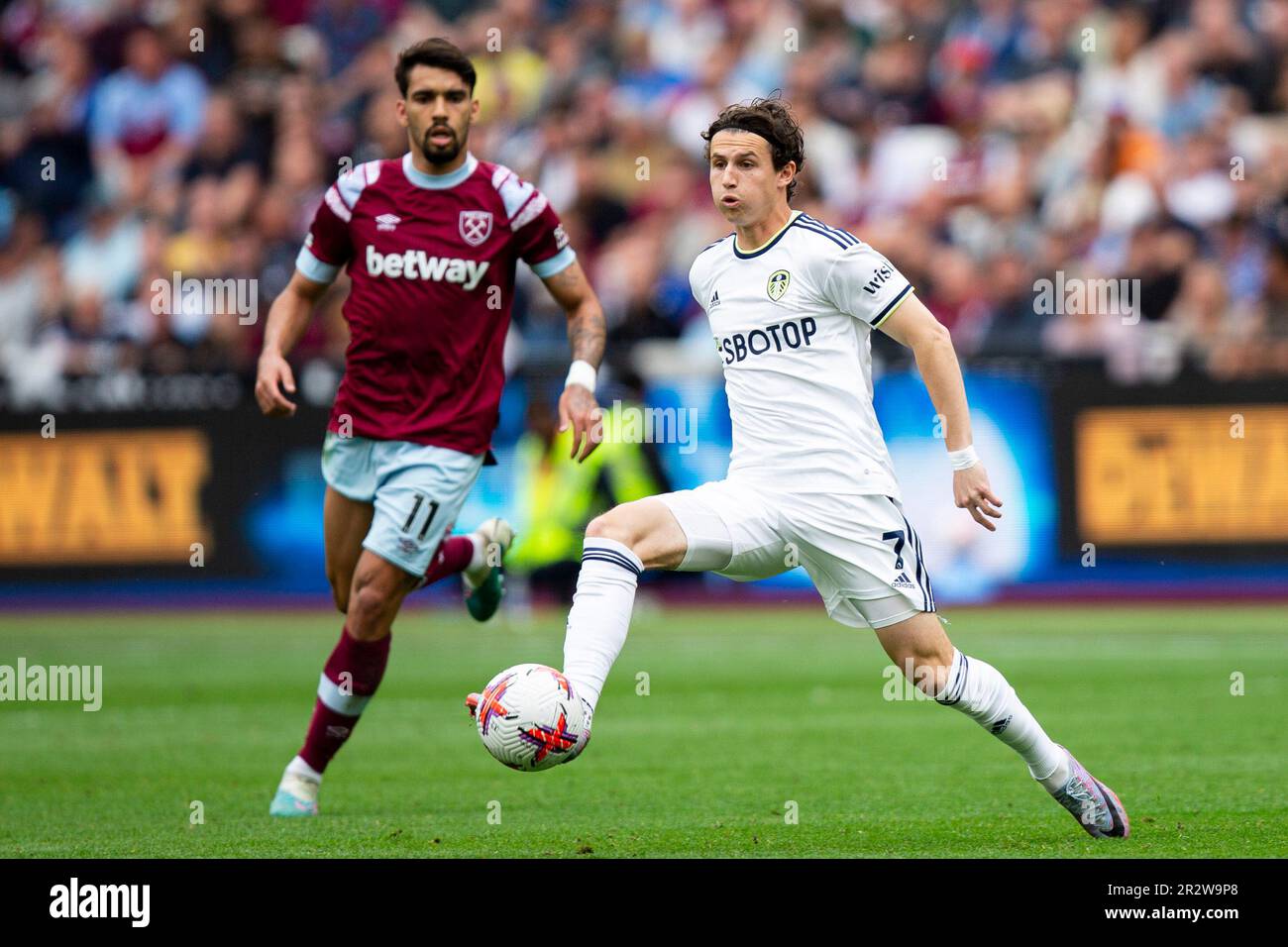 London, UK. 21st May, 2023. Brenden Aaronson of Leeds United in action ...