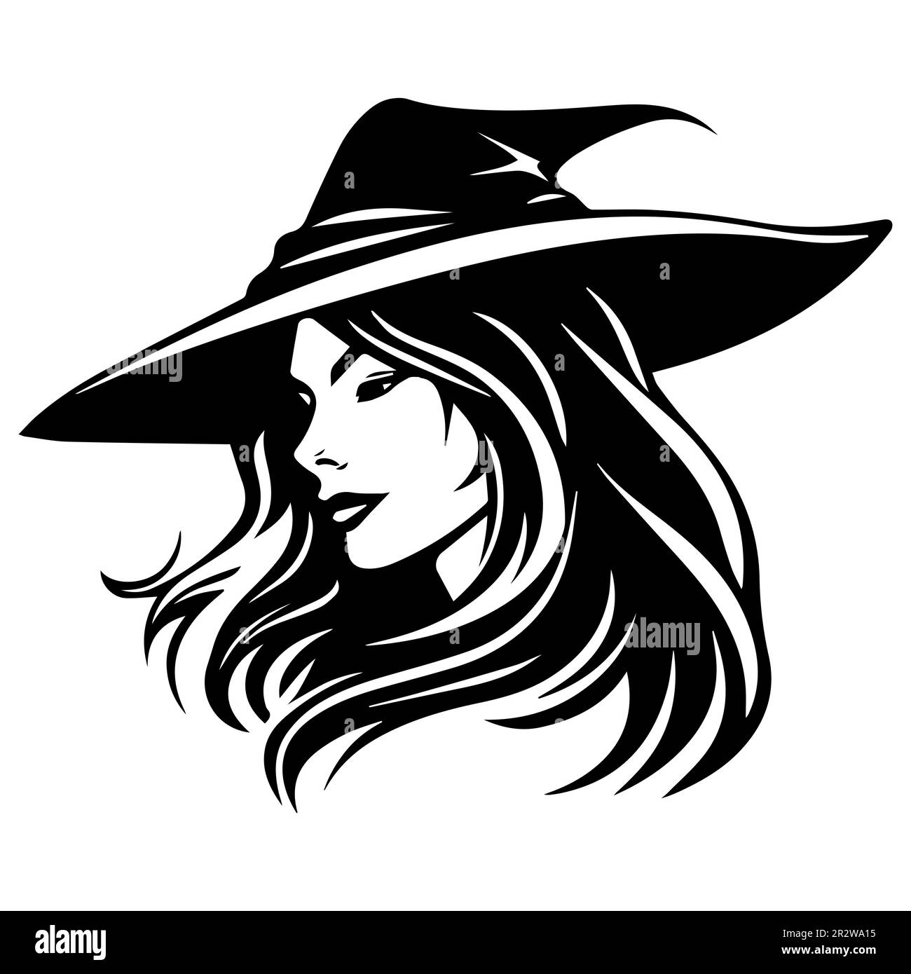 beautiful witch face black icon on white background. flat vector ...