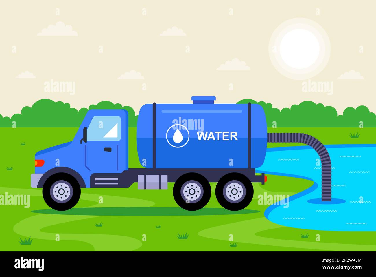 A blue truck is pumping water out of a lake. flat vector illustration ...