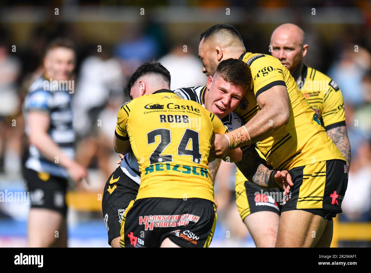Castleford, England - 21st May 2023 - Joe Cator of Hull FC tackled by ...