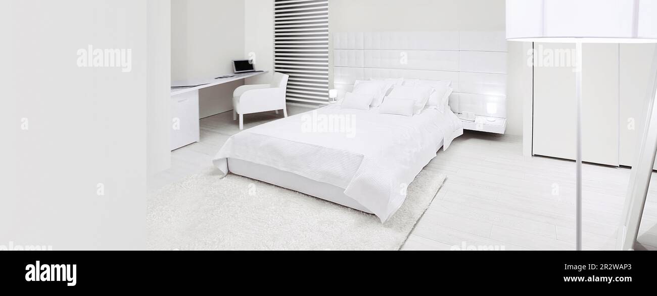 Modern white bedroom, wide view with copy space. Bed with white sheets ...