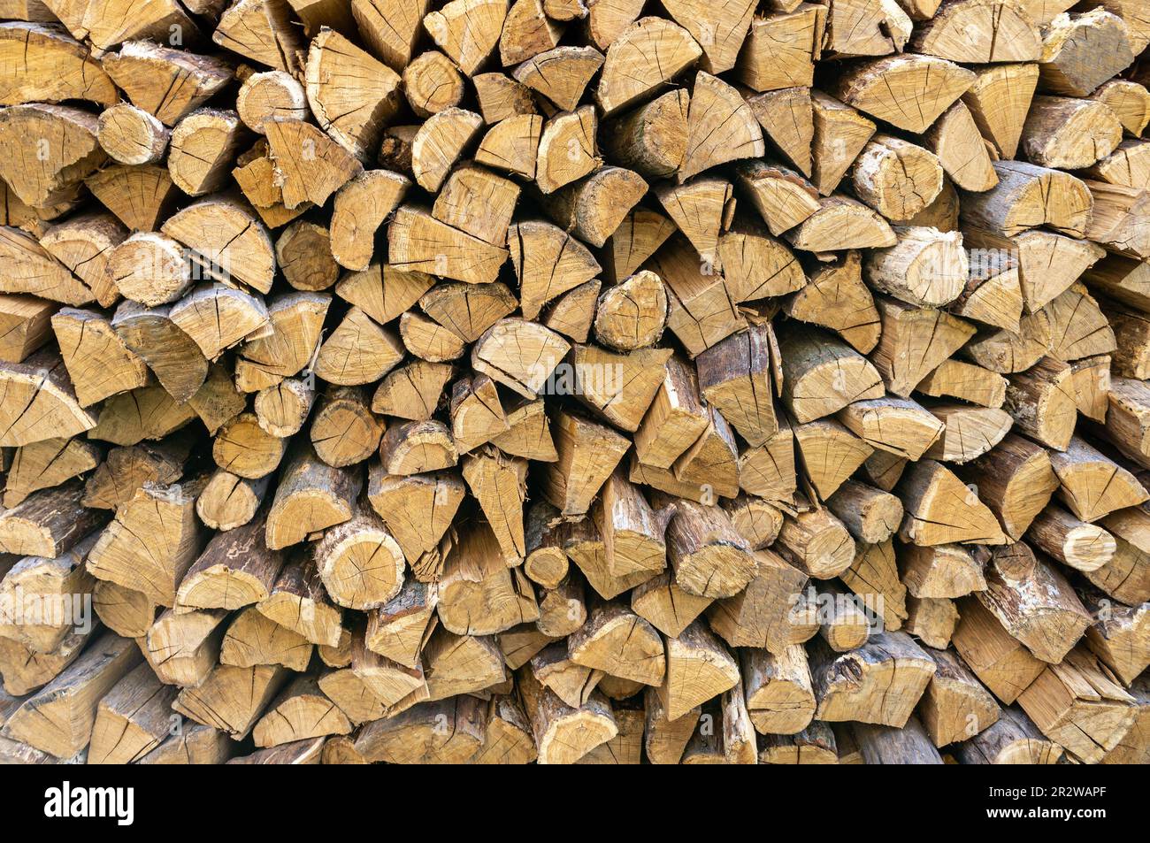 This photo shows a close-up of a stack of freshly cut firewood ready ...