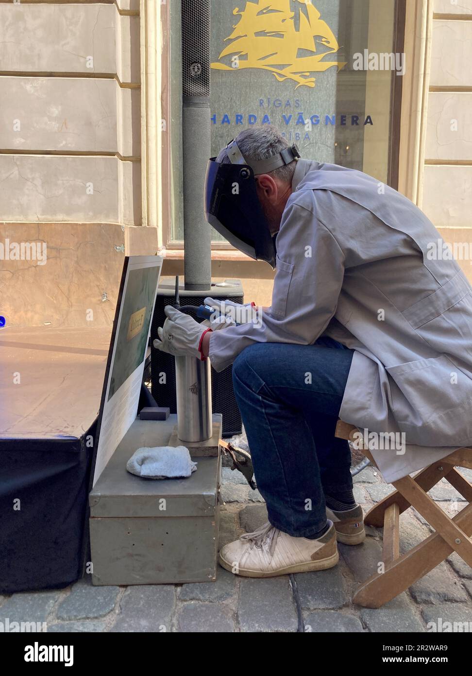 Riga, Latvia. 21st May, 2023. Metal artist Ugis Traumanis engraves the ...
