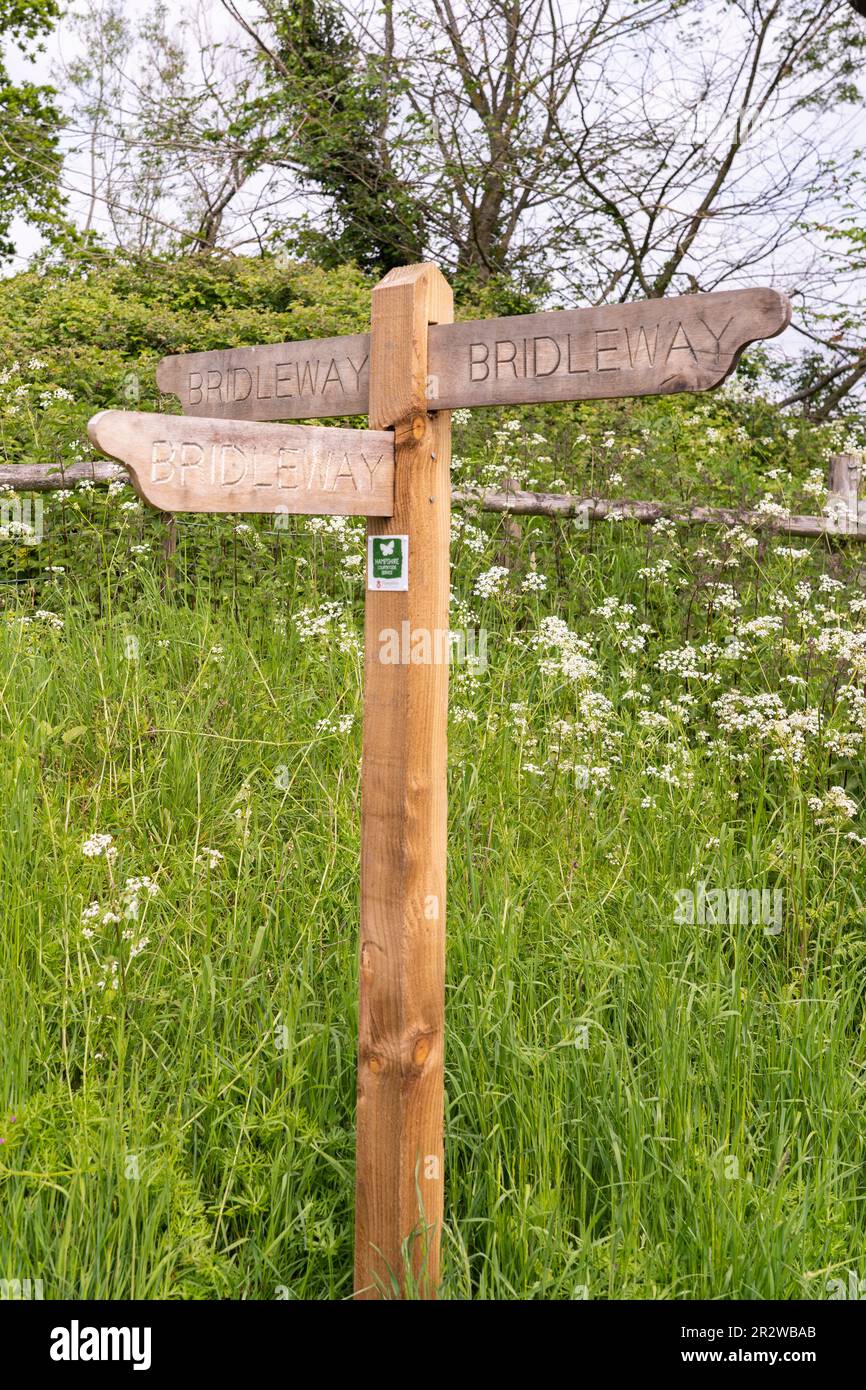 A wooden sign showing different bridleway paths at Silchester Roman ...