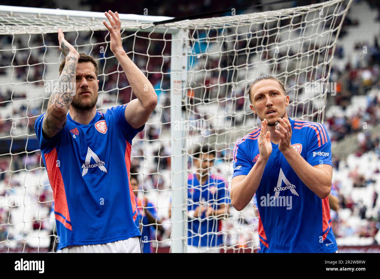 London, UK. 21st May, 2023. Liam Cooper (L) & Luke Ayling (R) of Leeds ...