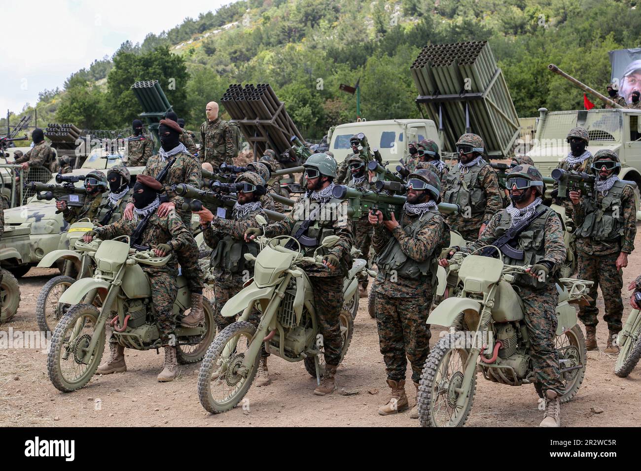 Aramta, Lebanon. 21st May, 2023. Pro-Iranian Hezbollah fighters take ...