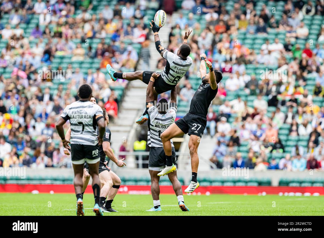 LONDON, UNITED KINGDOM. 21st, May 2023. Waisea Nacuqu of Fiji jumps to catch the ball during ...