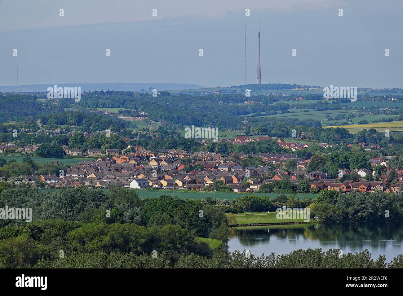 A view of Arqiva Tower and the temporary transmitter at Emley Moor in ...
