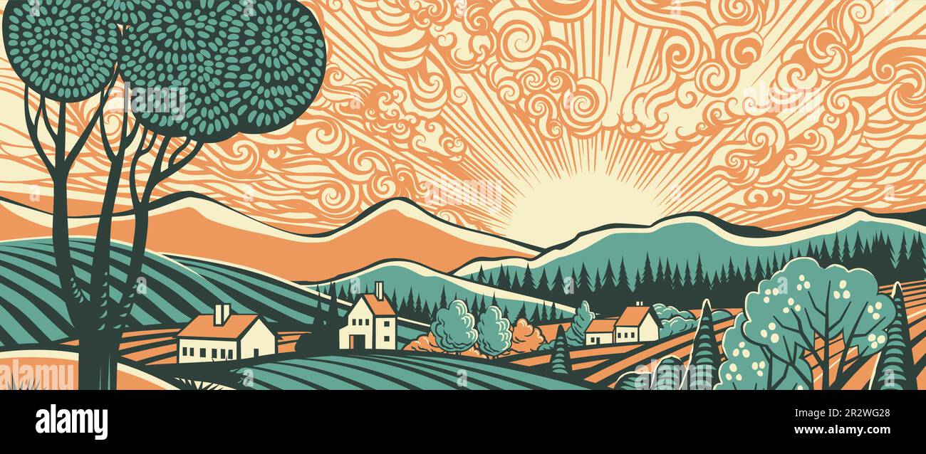 Fields Rolling Hills Sunrise Farm Land Background Stock Vector Image ...