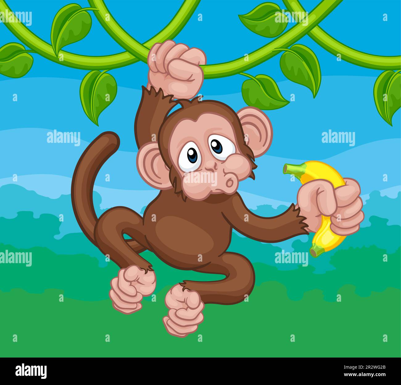 Monkey Singing On Jungle Vines With Banana Cartoon Stock Vector Image ...