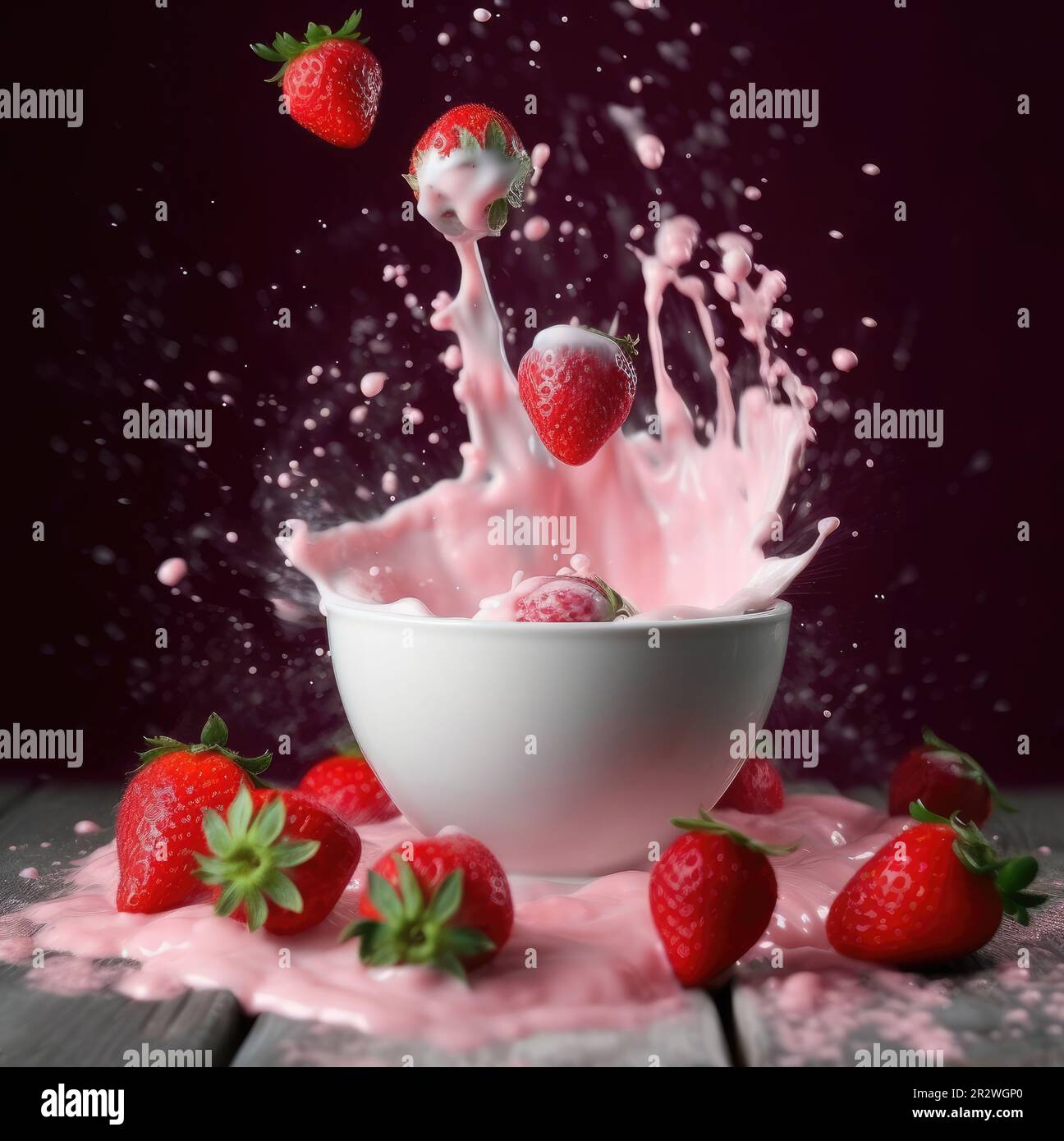 Strawberries falling into yogurt with splashes around Stock Photo - Alamy