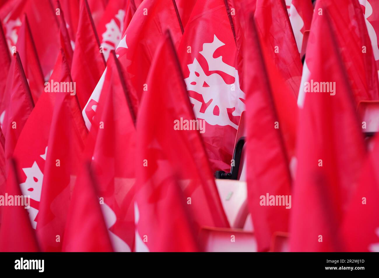 Leigh, UK. 21st May, 2023. A general view of flags laid out on the ...