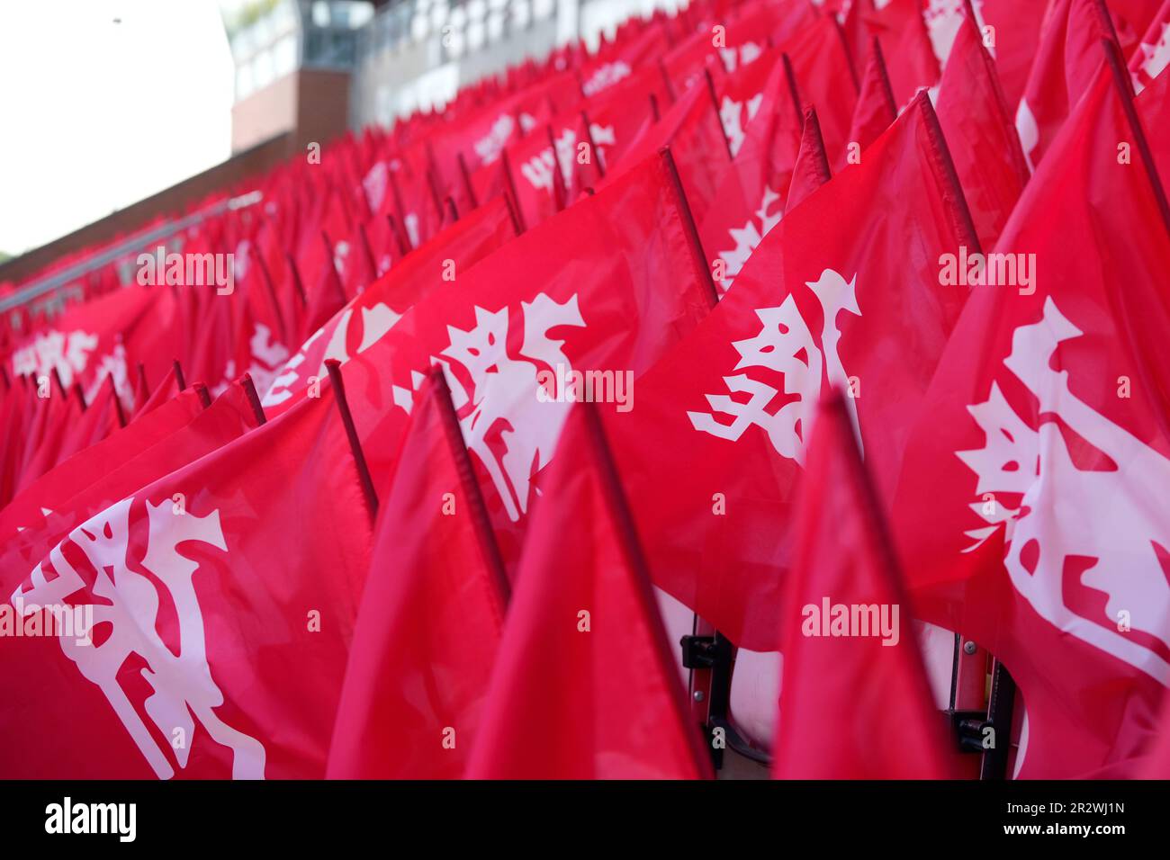 Leigh, UK. 21st May, 2023. A general view of flags laid out on the ...