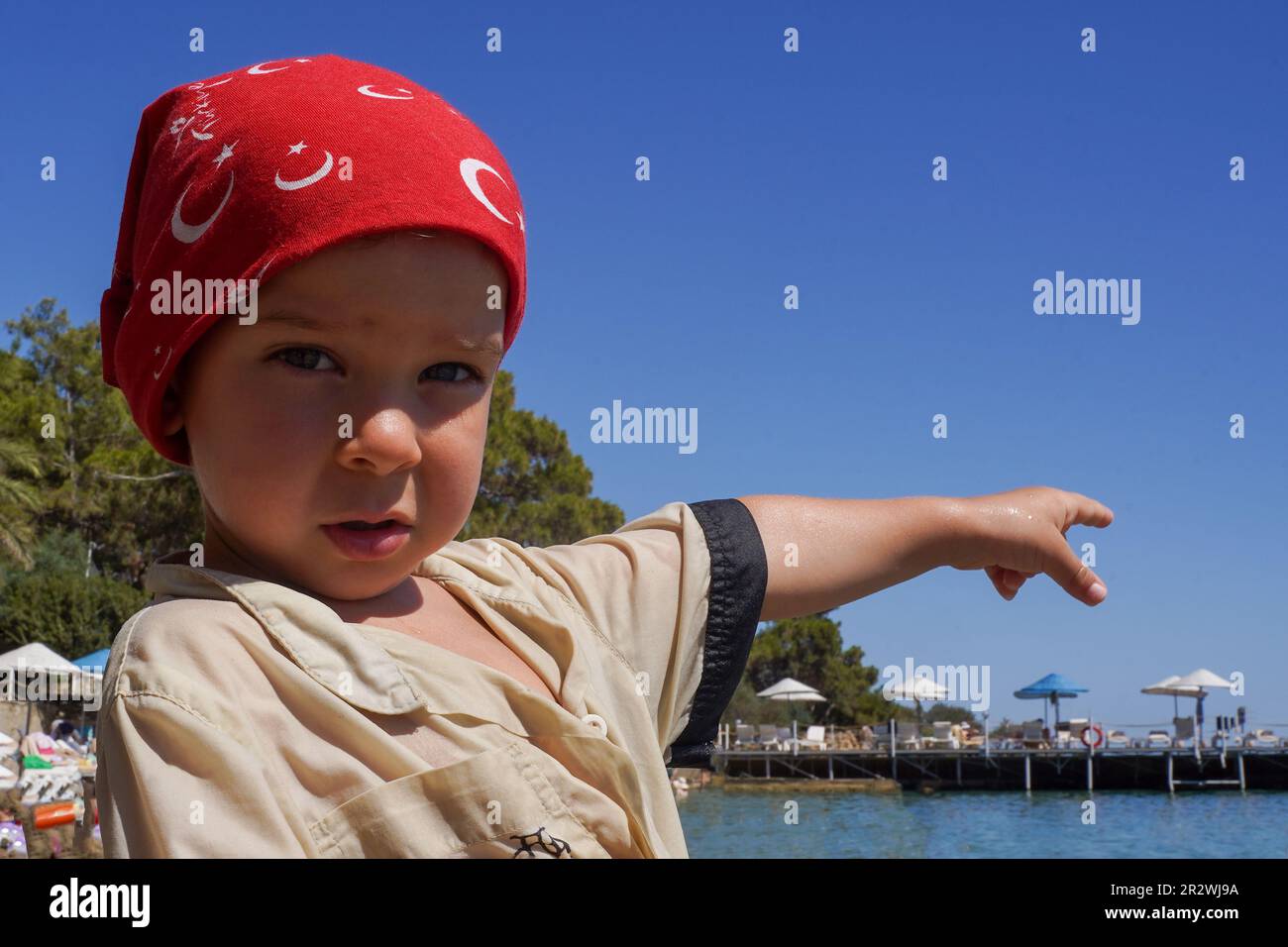 The child puts his hand on something interesting in the sea. Summer ...