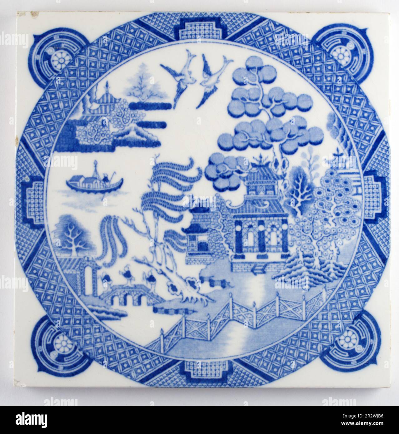 Antique 1880s Minton blue and white willow pattern pottery tile Stock ...