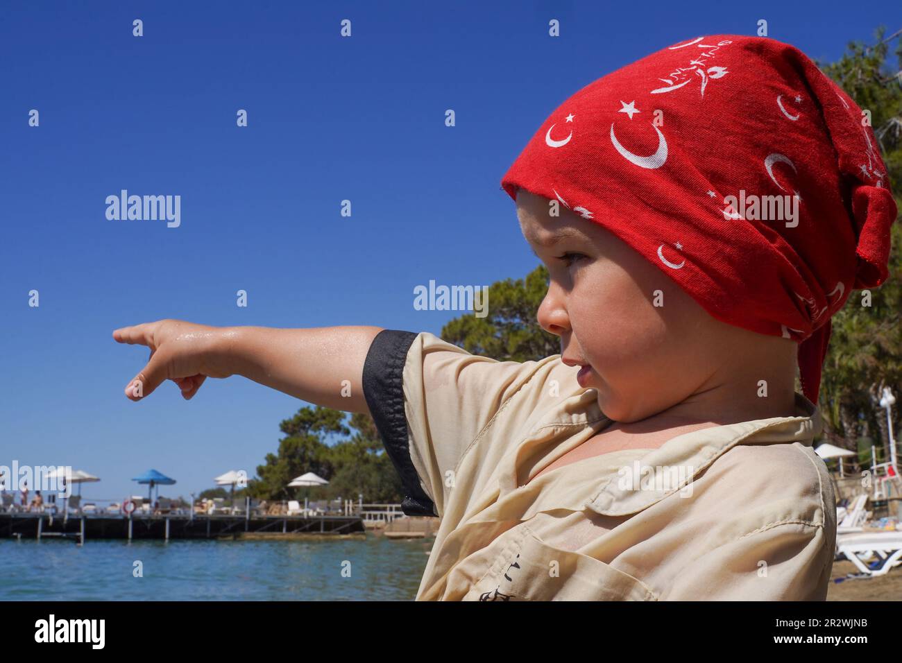 The child puts his hand on something interesting in the sea. Summer ...