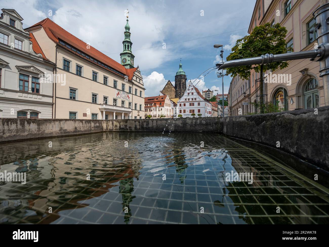 Pirna, Germany. 21st May, 2023. View to the market with town hall tower ...