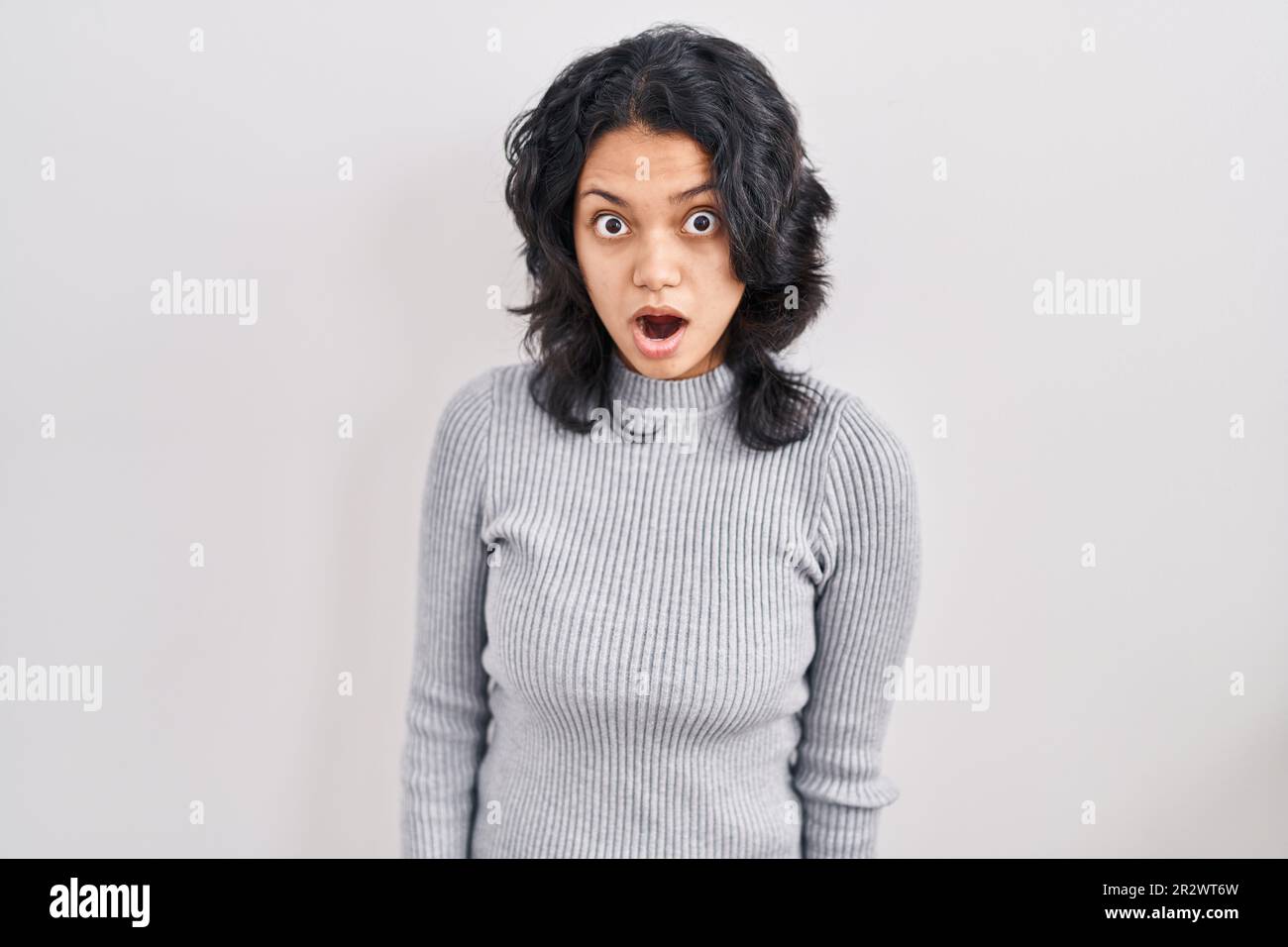 Hispanic woman with dark hair standing over isolated background in ...