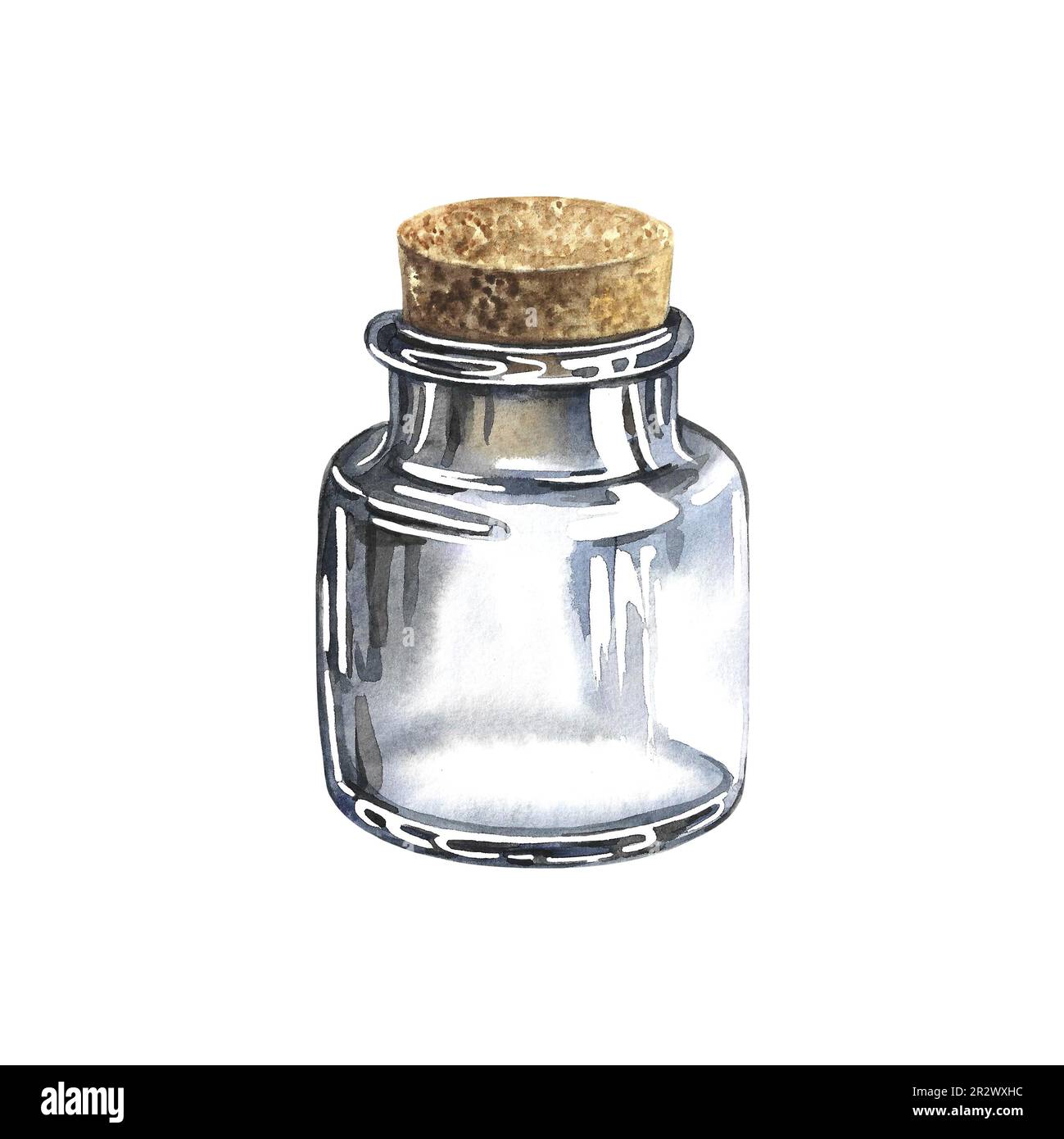 Empty glass vial with cork. Isolate on white background. Watercolor ...