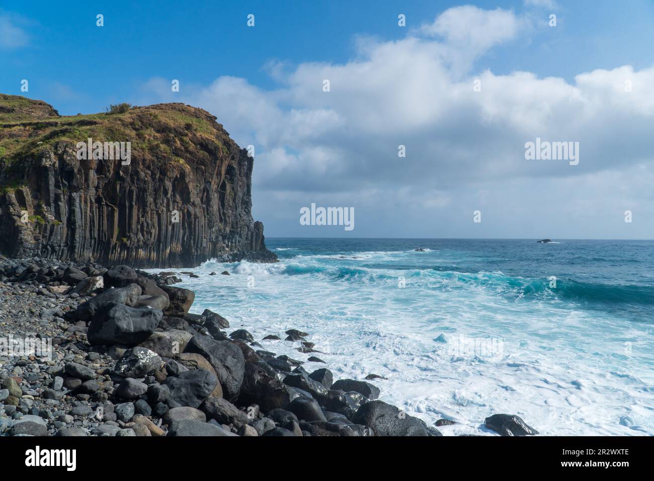 Cliff aerials view over Faial city fort and Santana region on the ocean ...