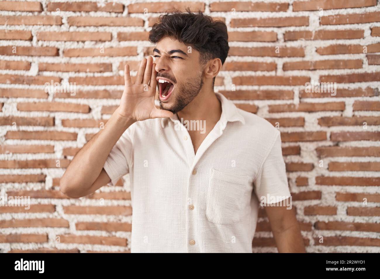 Arab man with beard standing over bricks wall background shouting and ...