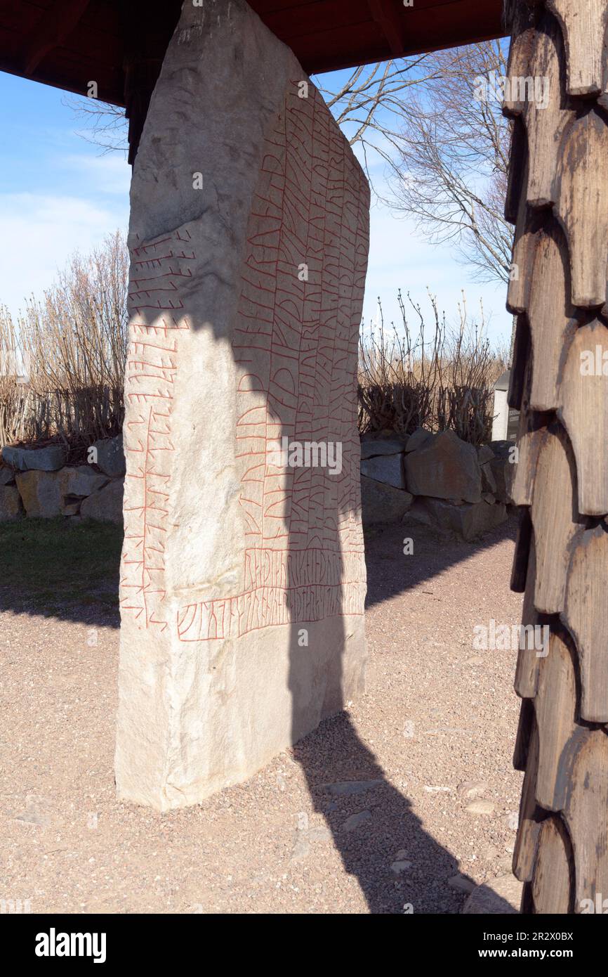 Ancient characters and messages are carved in the Rök Runestone. The ...