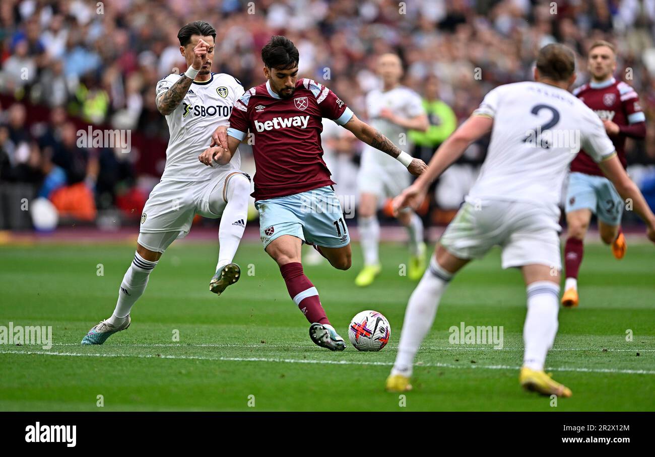 London, UK. 21st May, 2023. Lucas Paqueta (West Ham) has a shot during ...