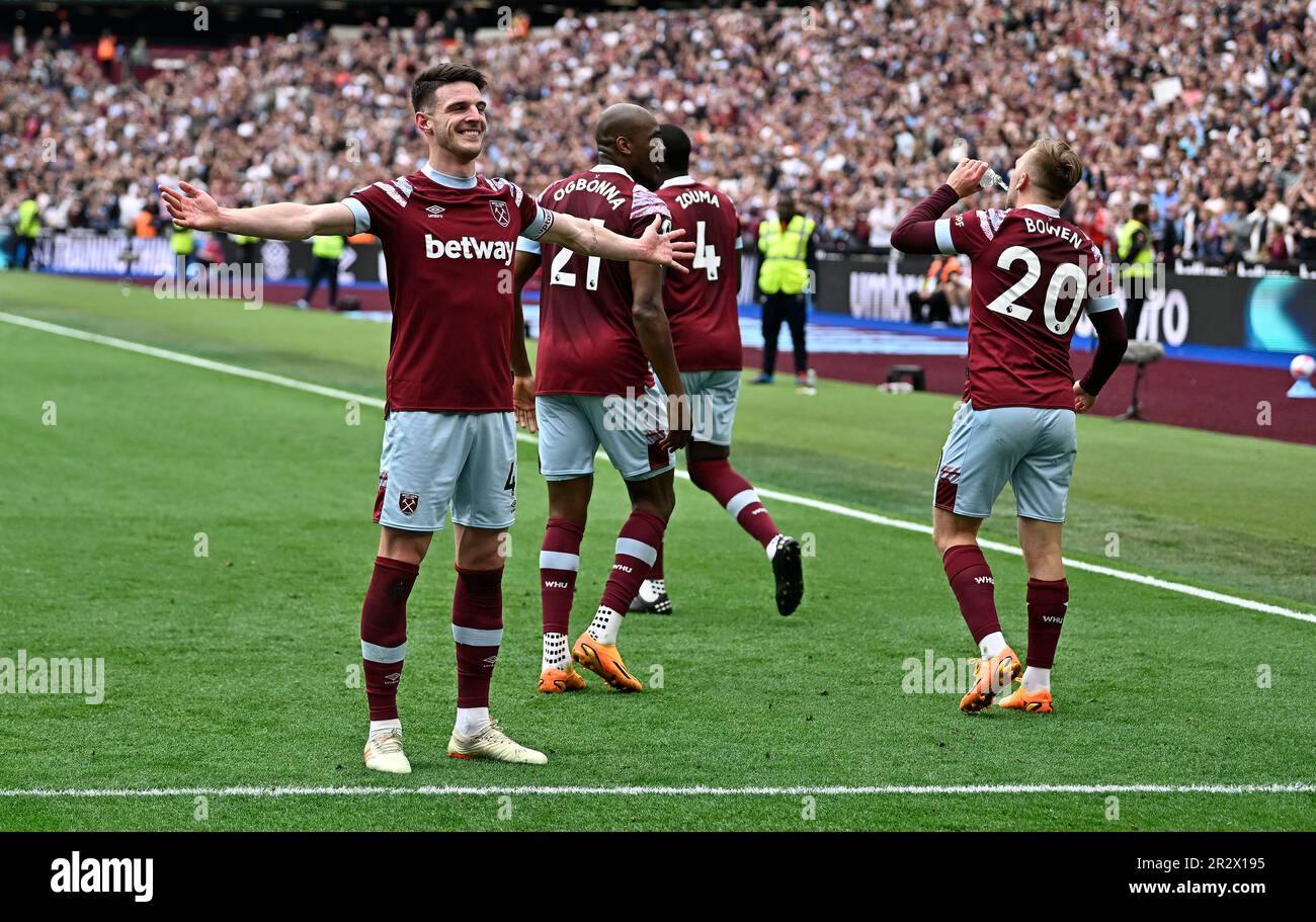 London, UK. 21st May, 2023. GOAL. Declan Rice (West Ham)celebrates ...