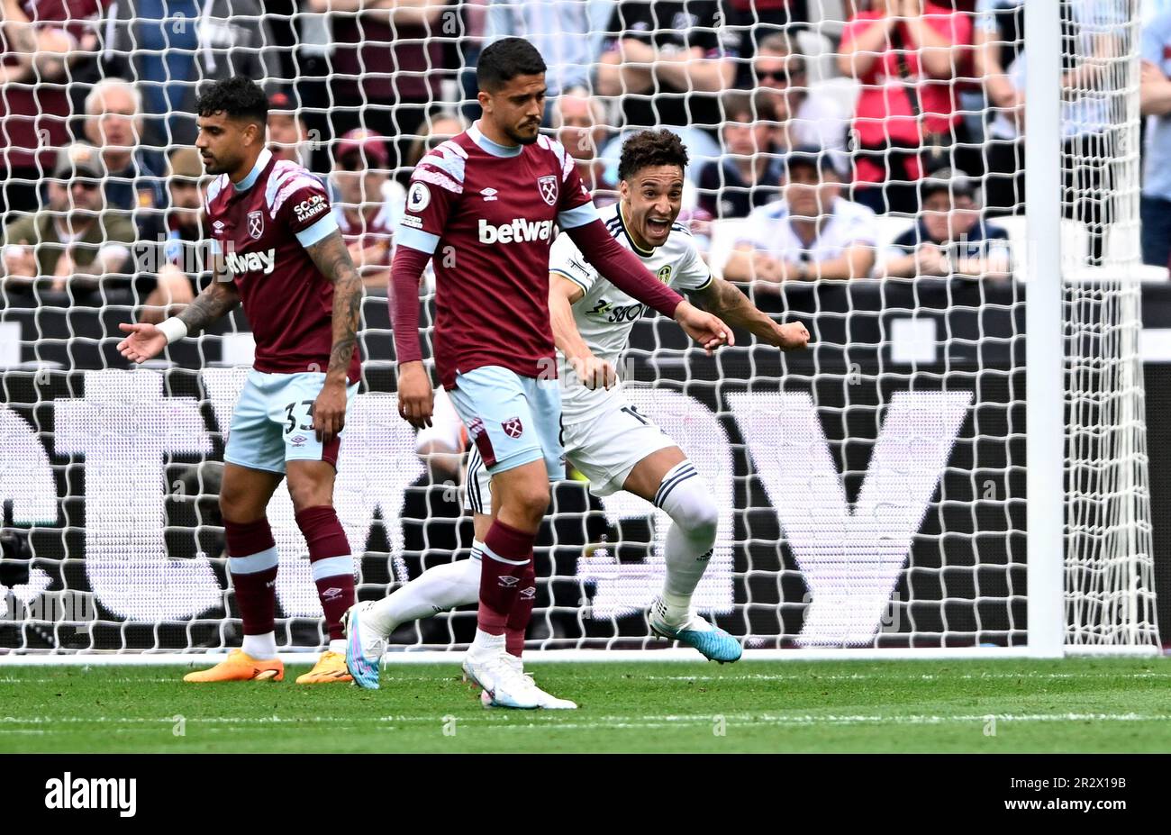 London, UK. 21st May, 2023. GOAL. Rodrigo (Leeds) turns to celebrate scoring the first Leeds ...